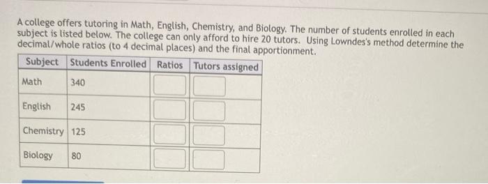 Solved A college offers tutoring in Math, English, | Chegg.com