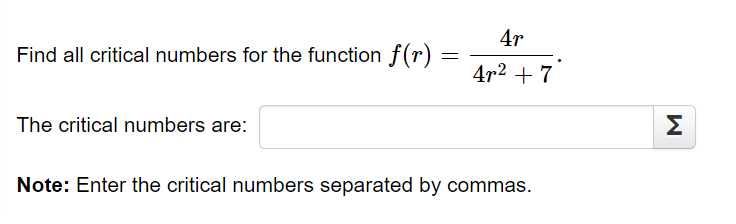 Solved Find all critical numbers for the function | Chegg.com