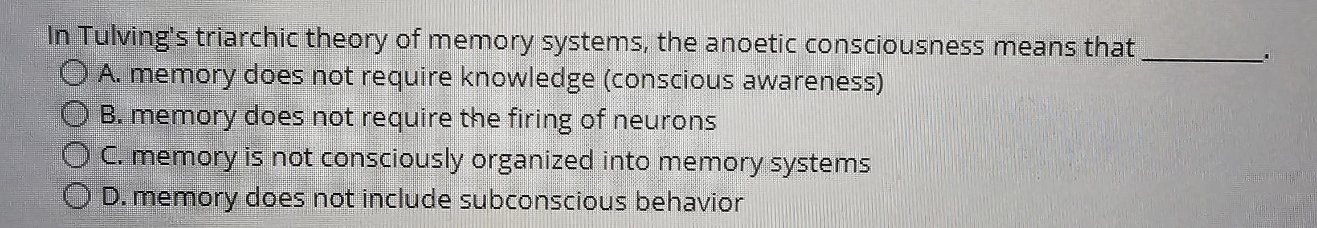 Solved In Tulving's triarchic theory of memory systems, the | Chegg.com