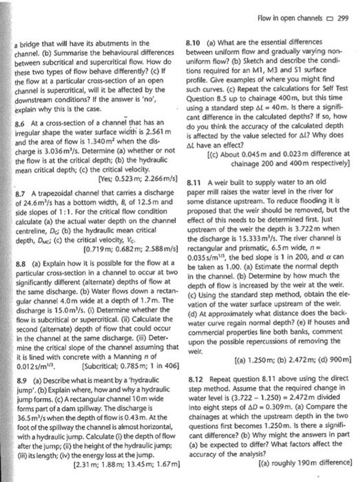 Solved Flow in open channets 299 a bridge that will have | Chegg.com