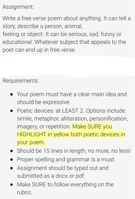 Assignment: Write a free verse poem about anything. | Chegg.com