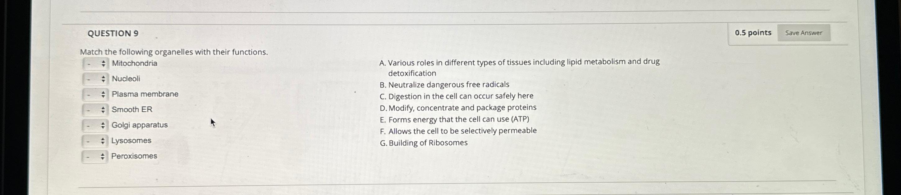 Solved QUESTION 90.5 ﻿pointsMatch the following organelles | Chegg.com