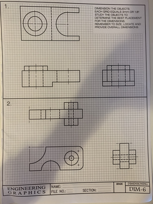 Solved DIMENSION THE OBJECTS. EACH GRID - 3mm OR 1/8". NOTE | Chegg.com