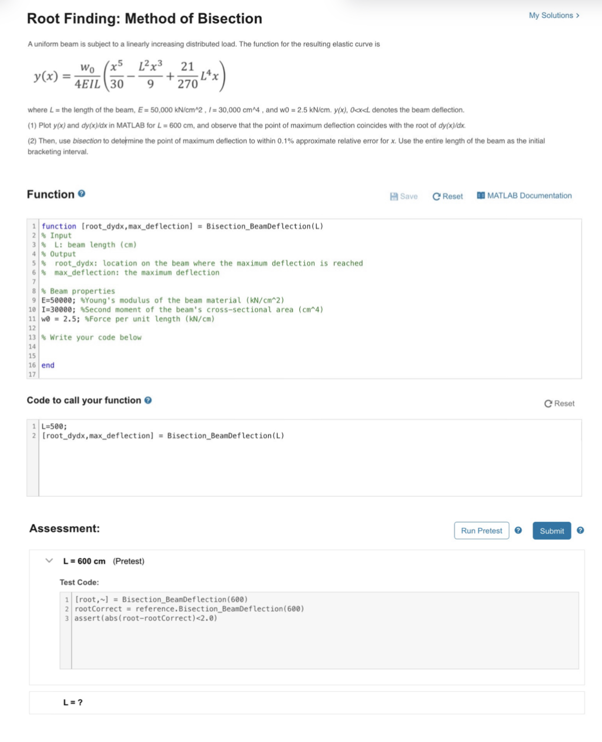 Solved Root Finding: Method of BisectionA uniform beam is | Chegg.com