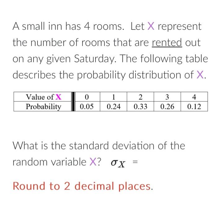 Solved A small inn has 4 rooms. Let X represent the number | Chegg.com