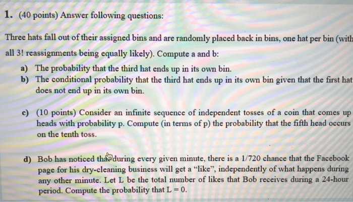 Solved 1. (40 points) Answer following questions: Three hats | Chegg.com