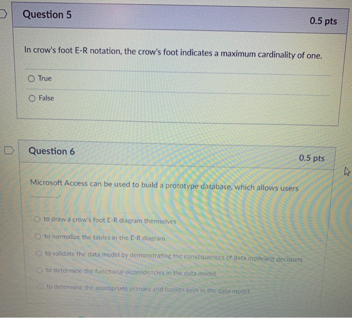 Solved Question 5 0.5 pts In crow's foot E-R notation, the | Chegg.com