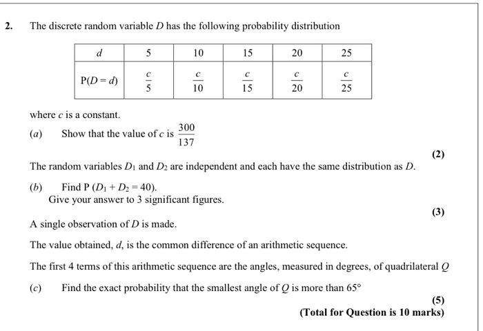 Solved 2. The discrete random variable D has the following | Chegg.com