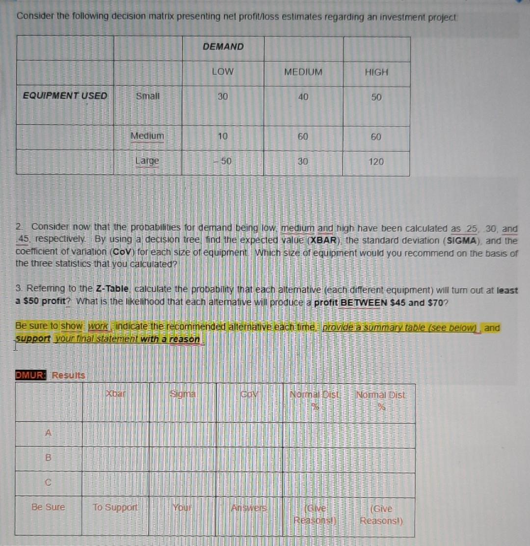 Solved Consider the following decision matrix presenting net | Chegg.com