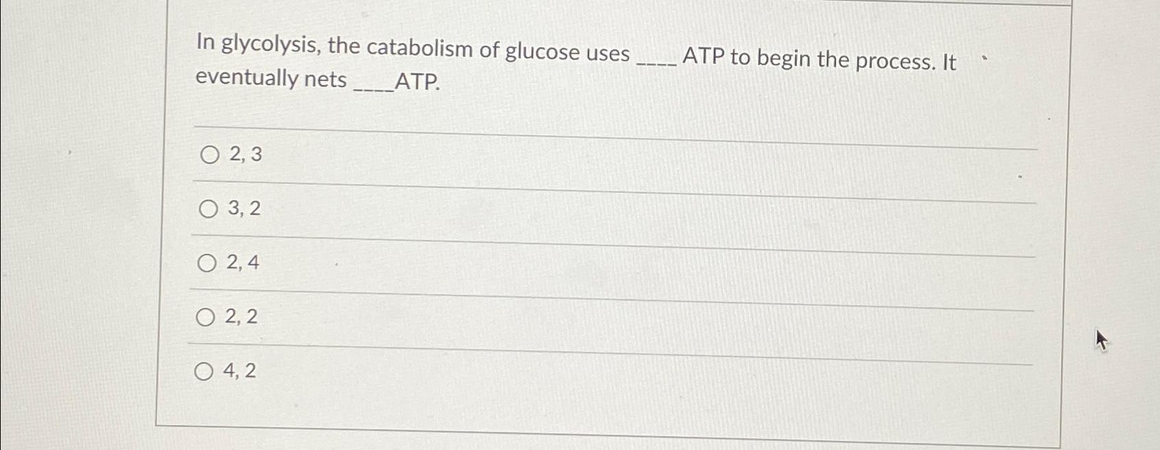 Solved In glycolysis, the catabolism of glucose uses ATP to | Chegg.com