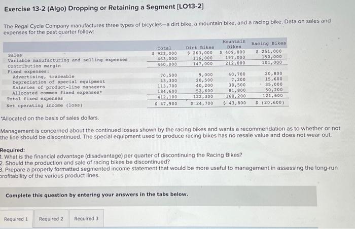 Solved Exercise 13-2 (Algo) Dropping or Retaining a Segment | Chegg.com