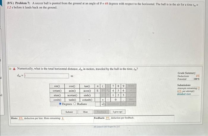 Solved (8\%) Problem 7: A soceer ball is punted from the | Chegg.com