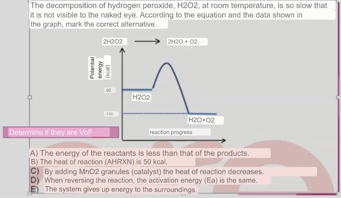 Solved The decomposition of hydrogen peroxide, H2O2, at room | Chegg.com