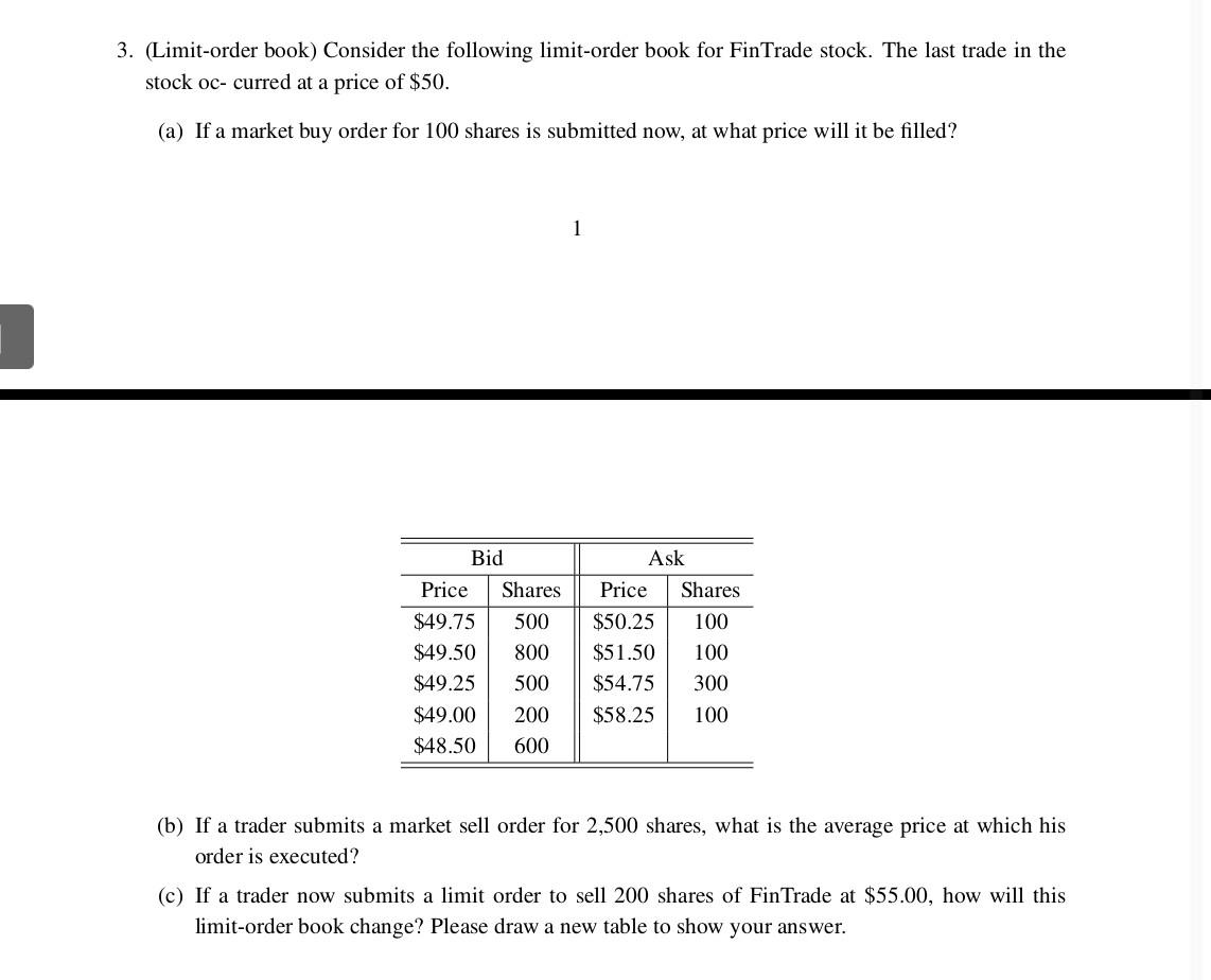 Solved 3. (Limit-order book) Consider the following | Chegg.com
