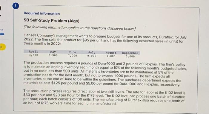 Solved Required information SB Self-Study Problem (Algo) | Chegg.com