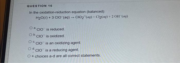 Solved In the oxidation-reduction equation (balanced): | Chegg.com