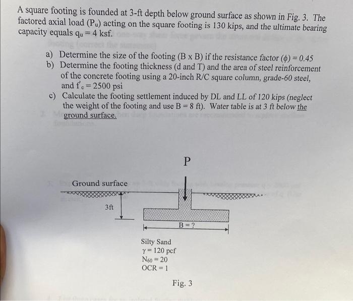 Solved square footing is founded at 3-ft depth below ground | Chegg.com