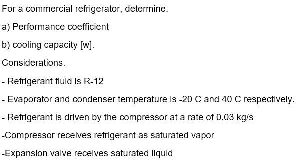 Solved For a commercial refrigerator, determine. a) | Chegg.com