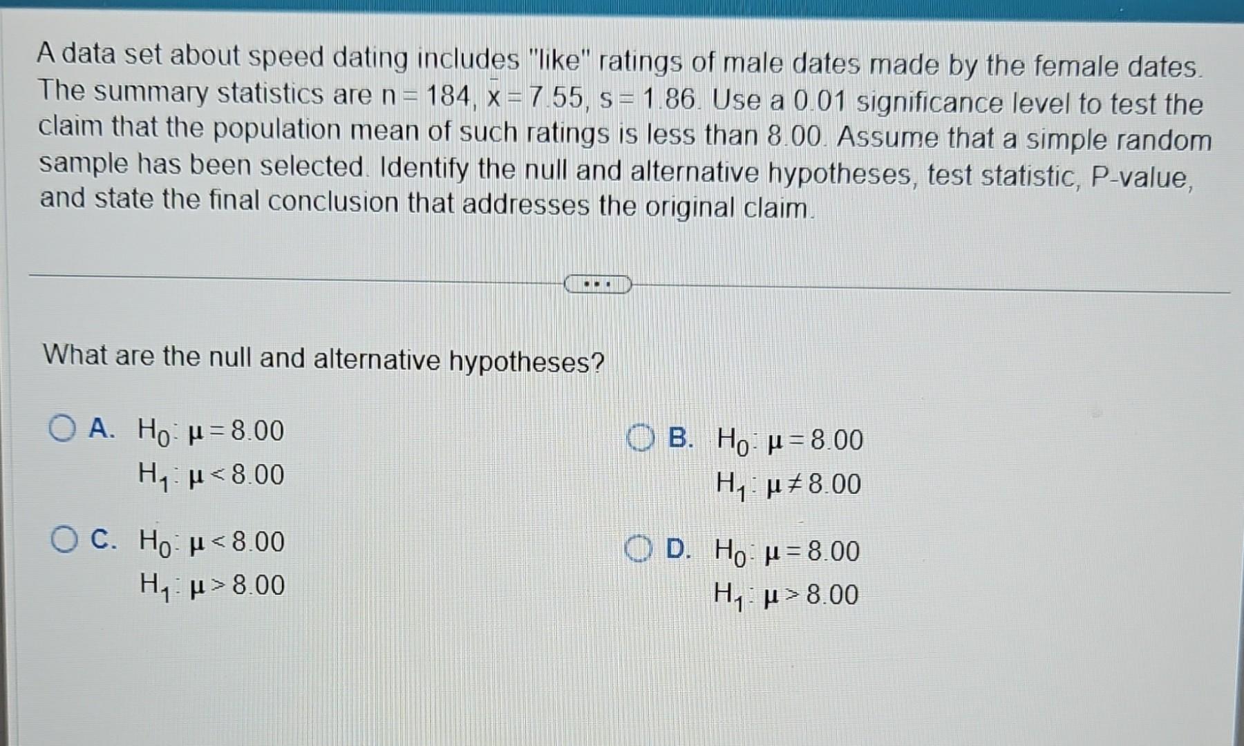Solved A data set about speed dating includes "like" ratings | Chegg.com
