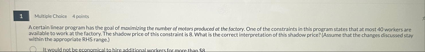 Solved 1Multiple Choice4 ﻿pointsA certain linear program has | Chegg.com