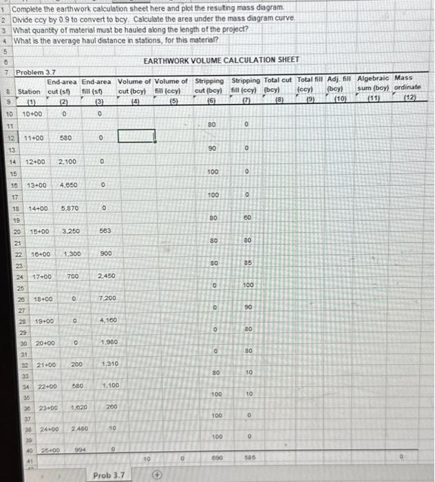 Solved 1 Complete the earthwork calculation sheet here and | Chegg.com