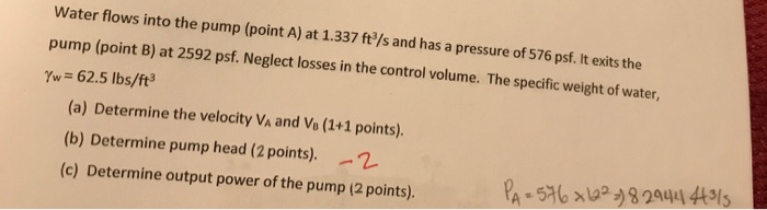 Solved Water flows into the pump (point A) at 1.337 ft/s and | Chegg.com