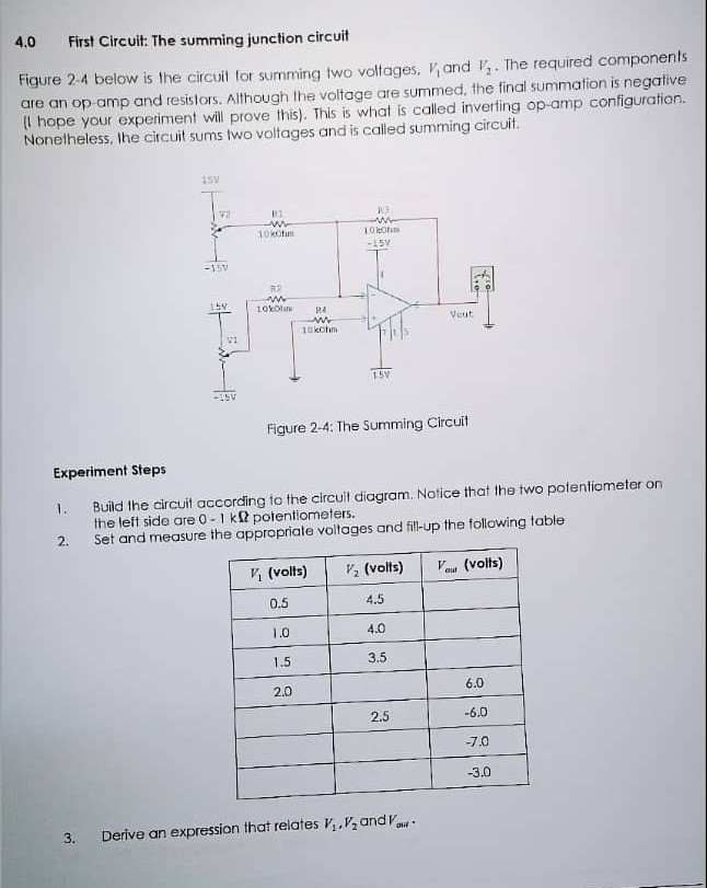 Solved 4.0 First Circuit. The summing junction circuit | Chegg.com