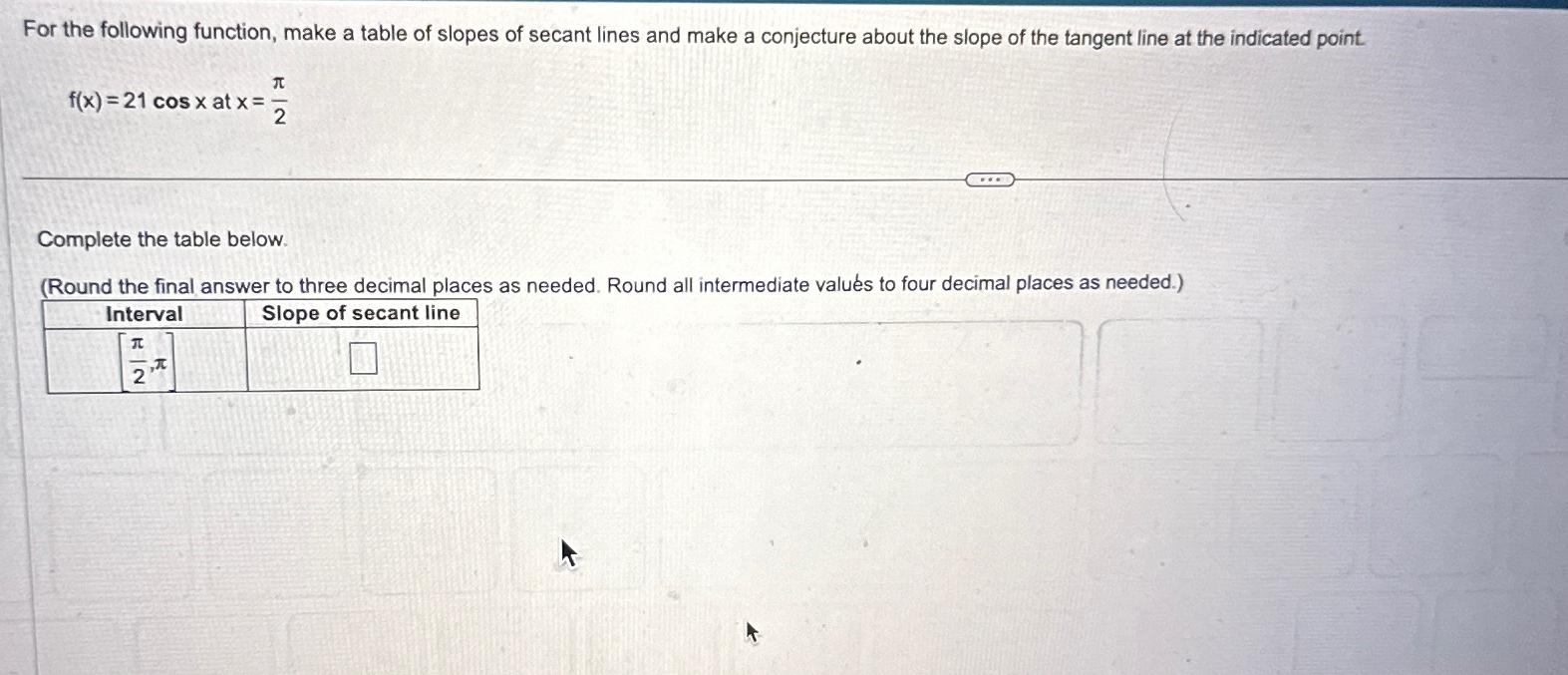 Solved For the following function, make a table of slopes of | Chegg.com