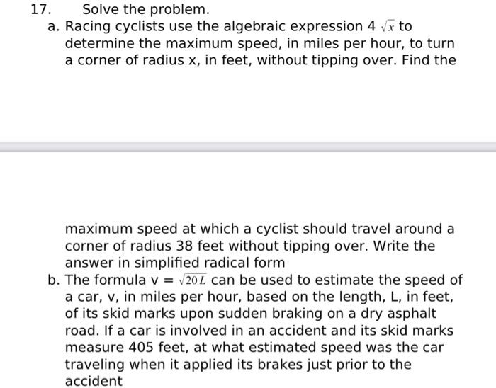 Solved 17. Solve the problem. a. Racing cyclists use the | Chegg.com