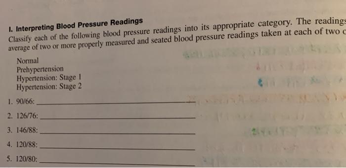 Solved 1. Interpreting Blood Pressure Readings Classify each | Chegg.com