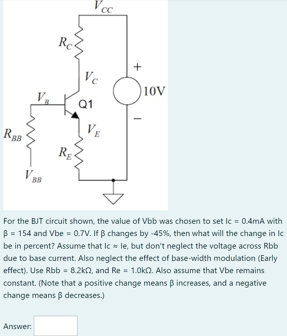 Solved For the BJT circuit shown, the value of Vbb ﻿was | Chegg.com