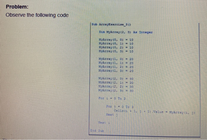 Solved Problem: Observe the following code sub Array xercise | Chegg.com Solved Problem: Observe the following code sub Array xercise | Chegg.com