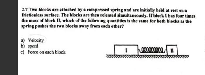 Solved 2.7 Two blocks are attached by a compressed spring | Chegg.com