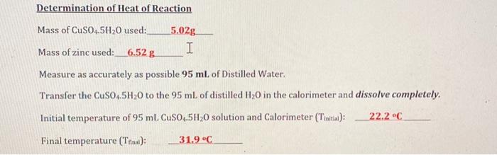 Solved Determination of Heat of Reaction Mass of CuSO4.5H20 | Chegg.com