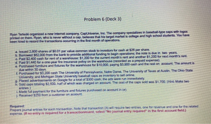 Solved Problem (Deck 3) Ryan Terlecki organized a new | Chegg.com