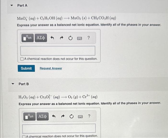 Solved MnO4−(aq)+C2H5OH(aq) MnO2(s)+CH3CO2H(aq) Express your | Chegg.com