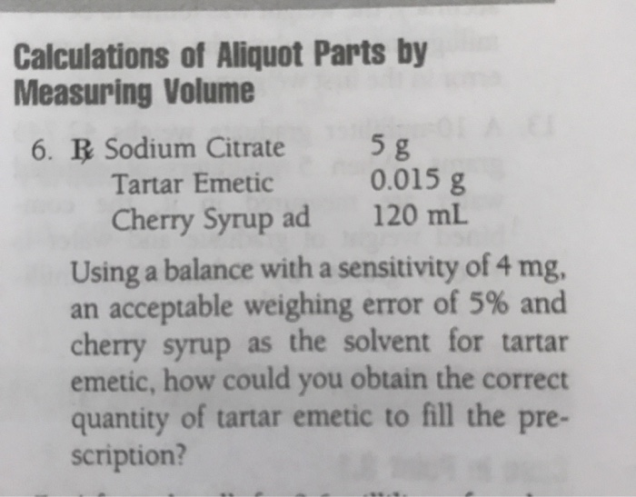 Solved Calculations of Aliquot Parts by Measuring Volume 5g | Chegg.com