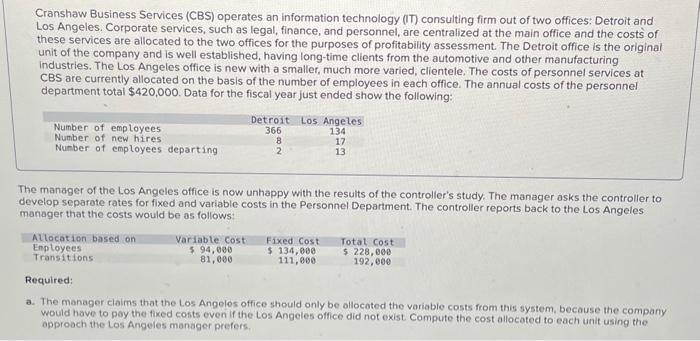 Solved Cranshaw Business Services (CBS) operates an | Chegg.com