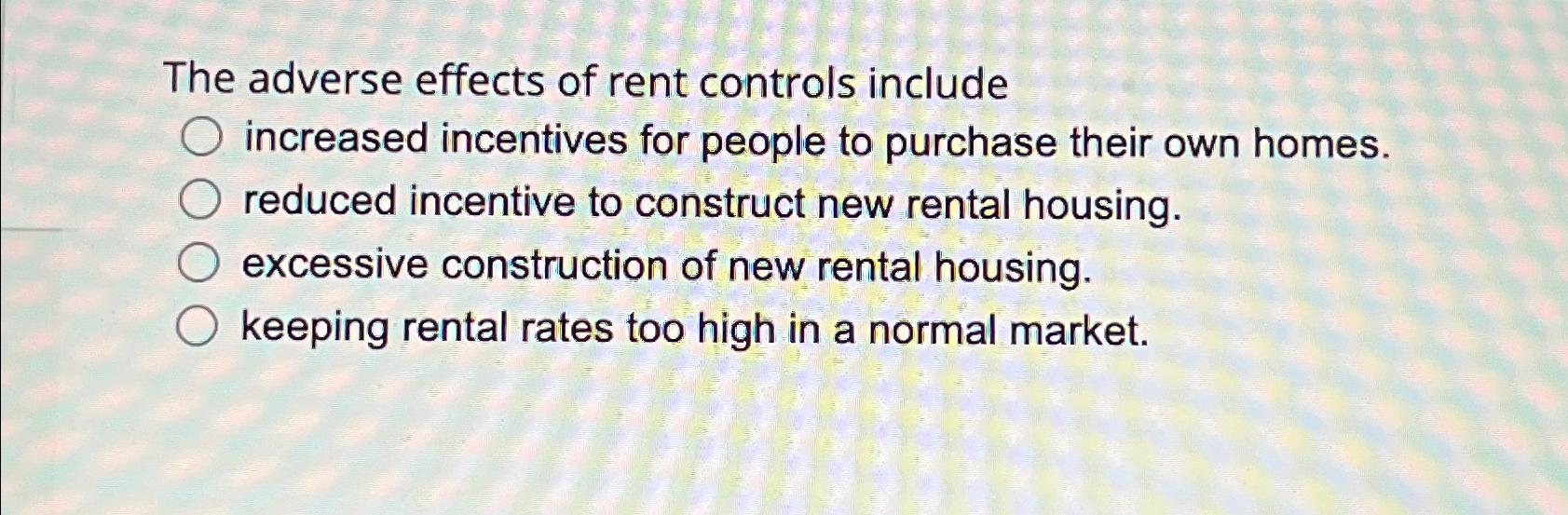 Solved The adverse effects of rent controls include | Chegg.com