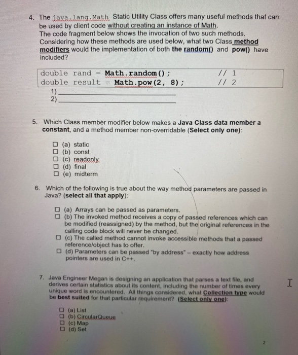 Solved 4. The java.lang.. Math Static Utility Class offers | Chegg.com