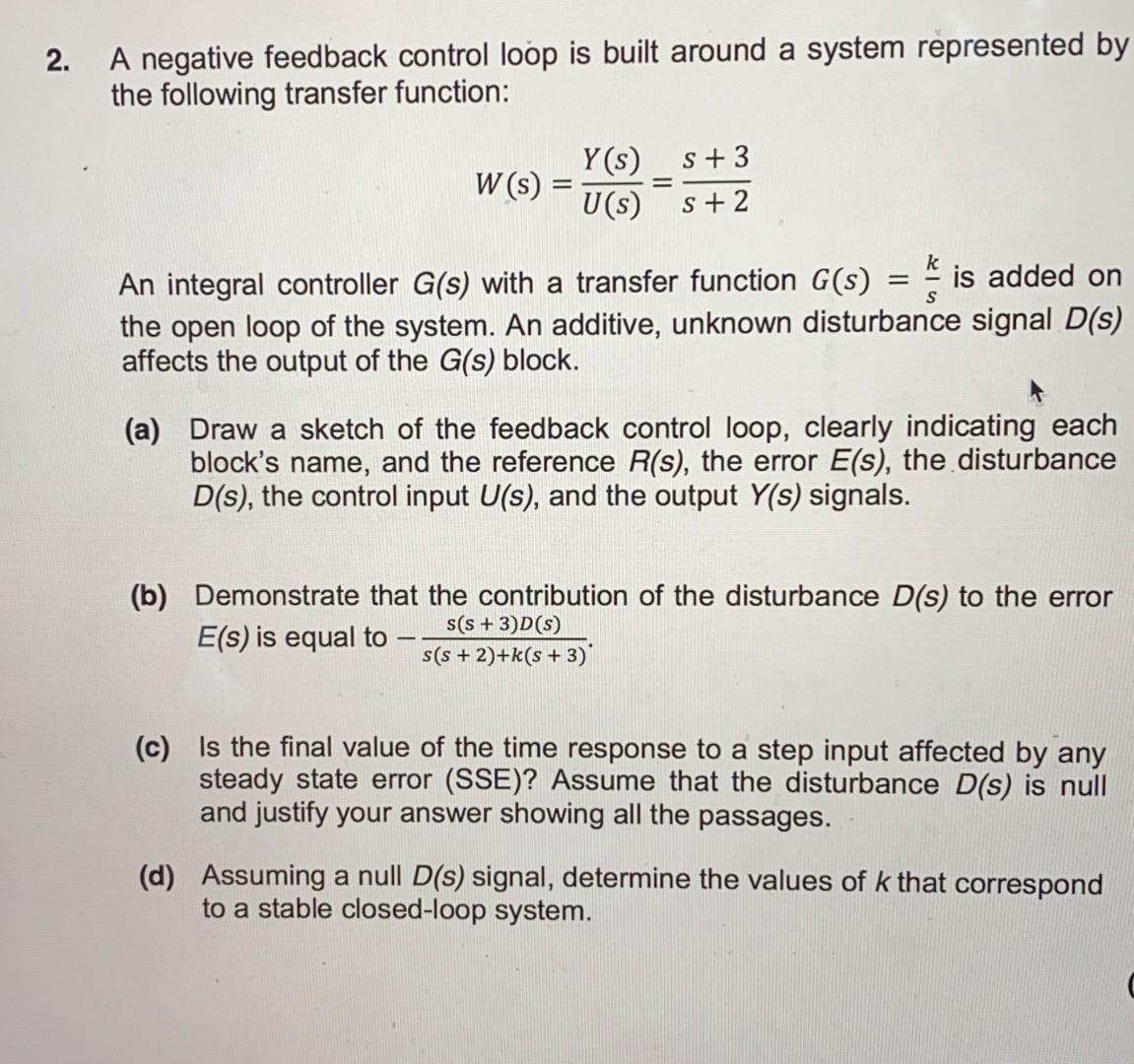 Solved 2. A negative feedback control loop is built around a | Chegg.com