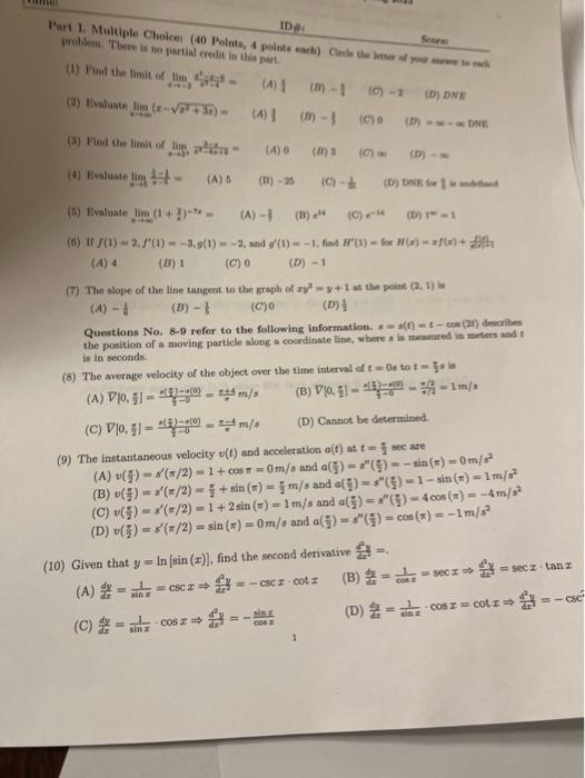Part 1 Muitiple Choices 40 Points 4 Polnts Each 