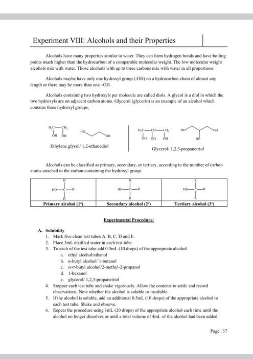 Experiment VIII: Alcohols and their Properties | Chegg.com