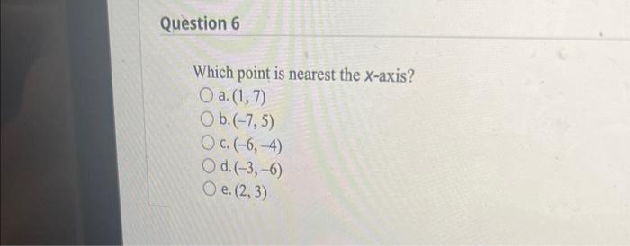 Solved Which point is nearest the x-axis? a. (1,7) b. (−7,5) | Chegg.com