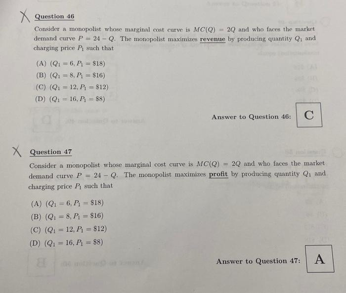Solved Question 46 Consider a monopolist whose marginal cost | Chegg.com