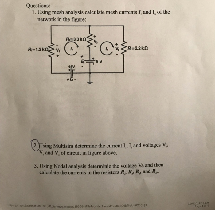 Solved Questions: 1. Using mesh analysis calculate mesh | Chegg.com