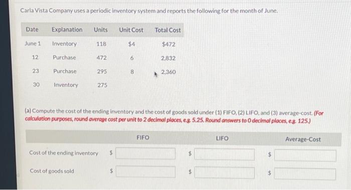 Solved Carla Vista Company uses a periodic inventory system | Chegg.com