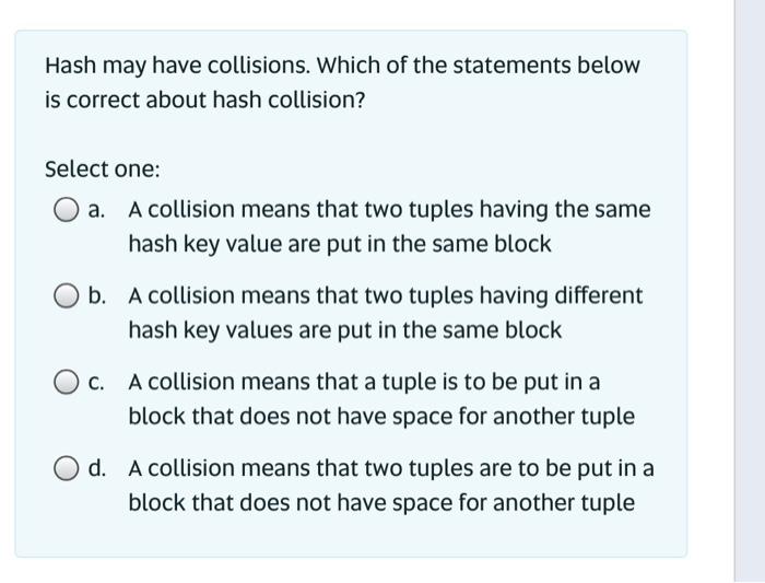 Solved Hash may have collisions. Which of the statements | Chegg.com