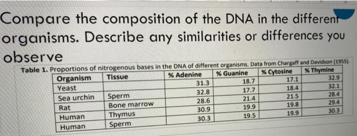 Solved Compare the composition of the DNA in the different | Chegg.com