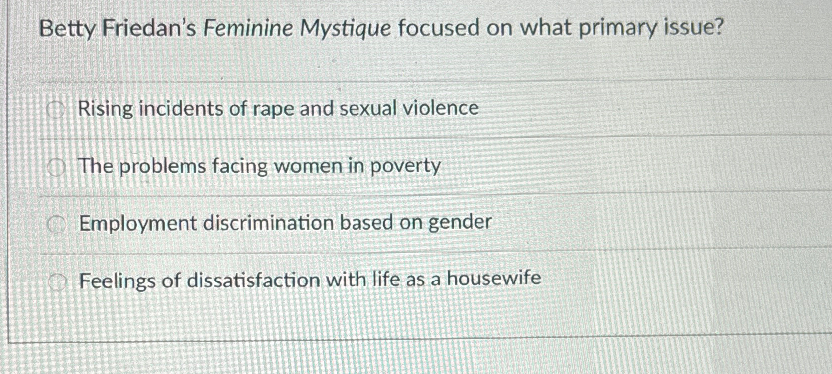 Solved Betty Friedan's Feminine Mystique focused on what | Chegg.com